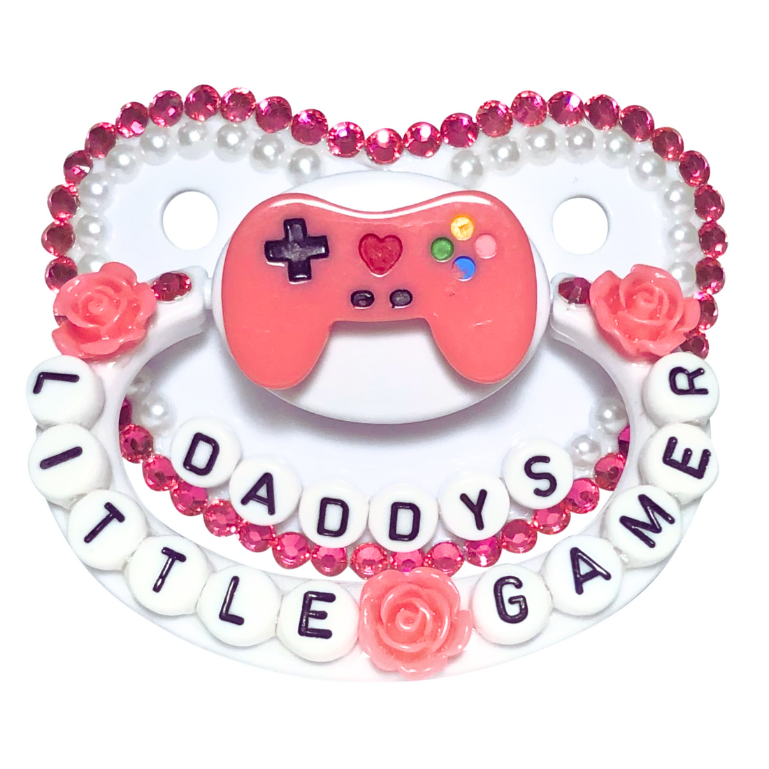 Baby Bear Pacis Adult Pacifier "Daddy's Little Gamer" White Dark Pink – BBP
